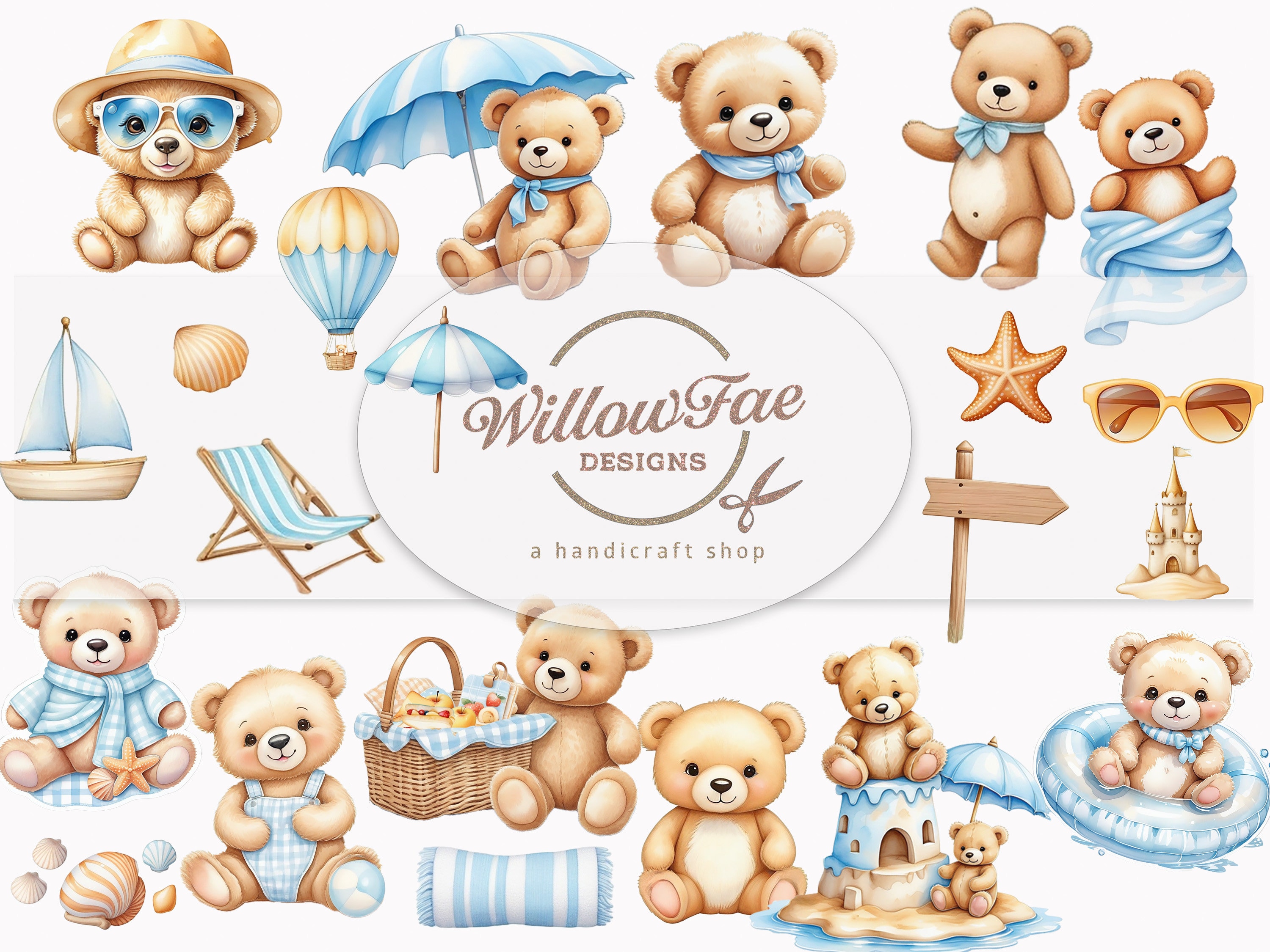 Adorable Teddy Bear at the Beach Clipart Set | Baby Boy Blue | Digital ...