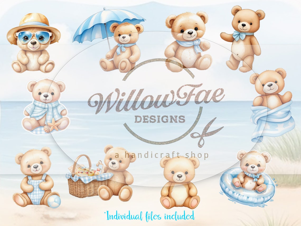 Adorable Teddy Bear at the Beach Clipart Set | Baby Boy Blue | Digital ...