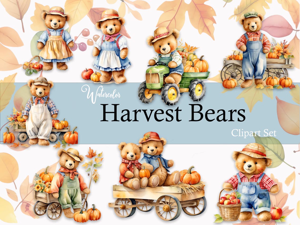 Fall Harvest Bears Clipart Set | Cute Autumn Bear Illustrations | Fall ...