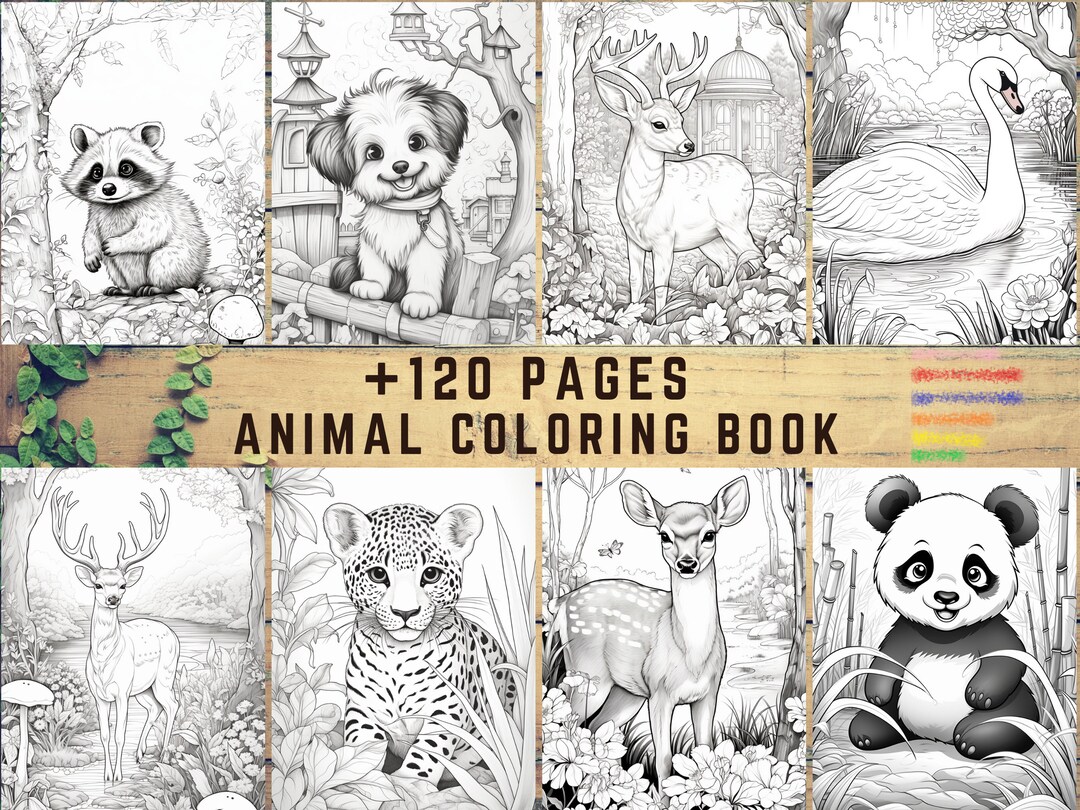 120 Pages Animals Coloring Book Printable grayscale Coloring Book Cute ...