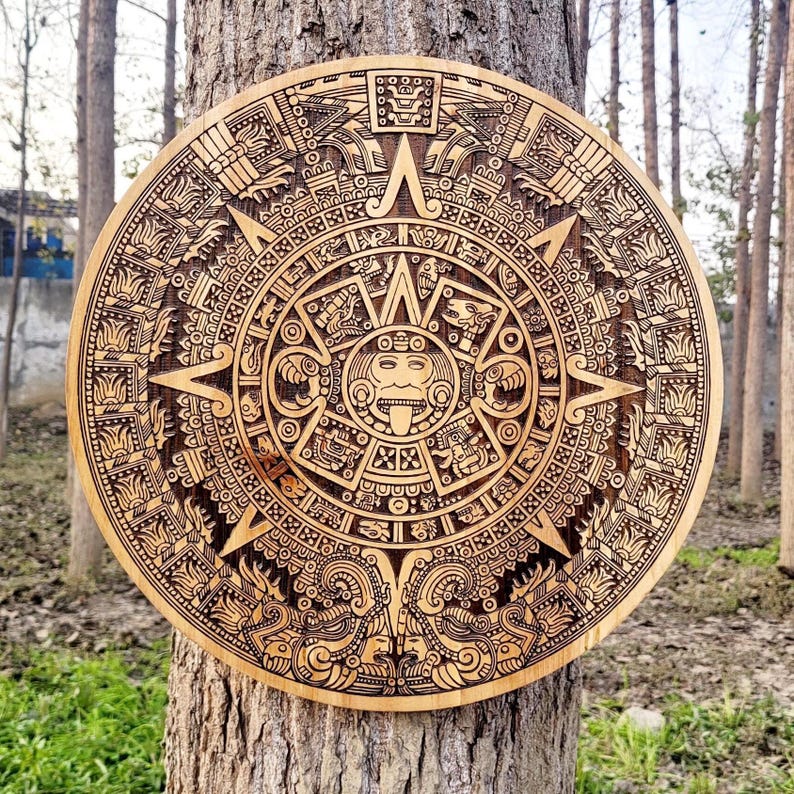 Aztec Calendar Wood Carving: Detailed Pine Wall Art - Etsy