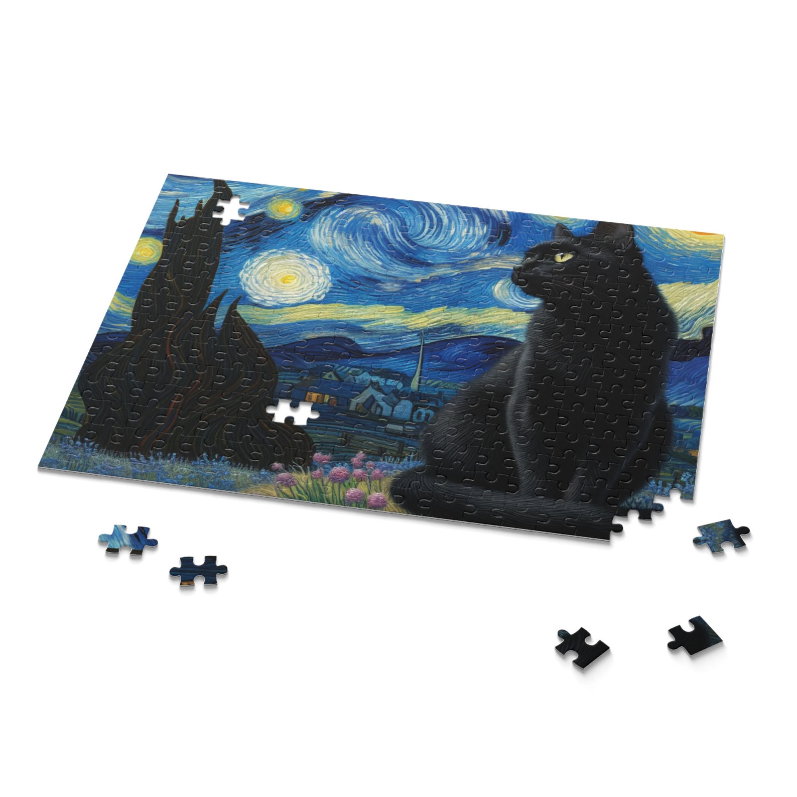 Black Cat Starry Night Puzzle, Cat Picture Puzzle, Black Cat Decor, Cat ...