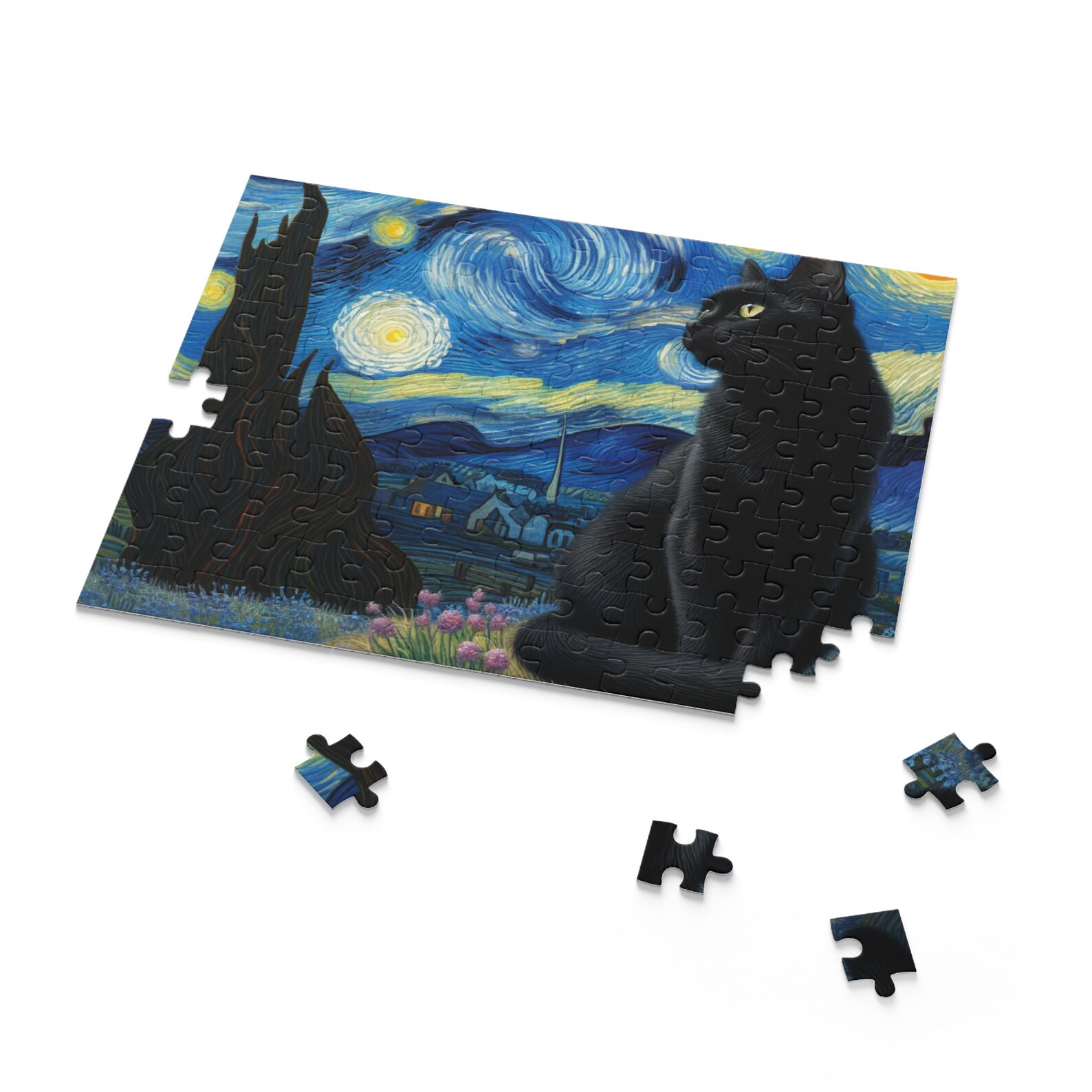 Black Cat Starry Night Puzzle, Cat Picture Puzzle, Black Cat Decor, Cat ...