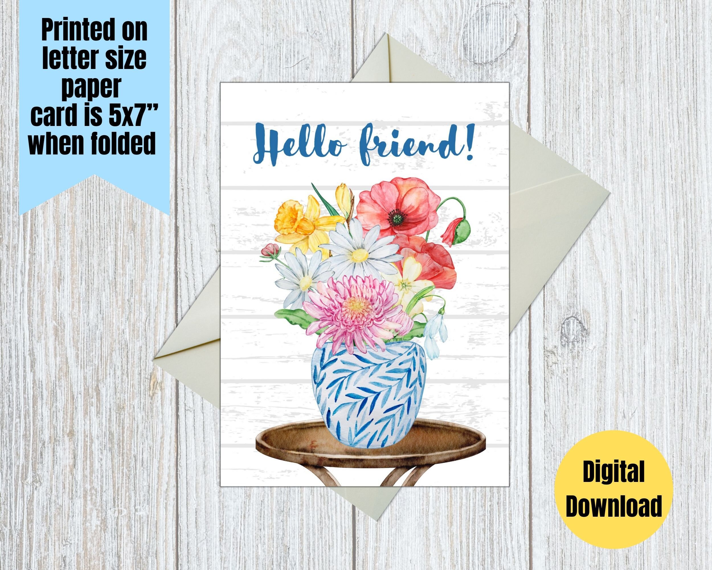 Printable Hello Friend Greeting Card 5x7 Digital Download - Etsy
