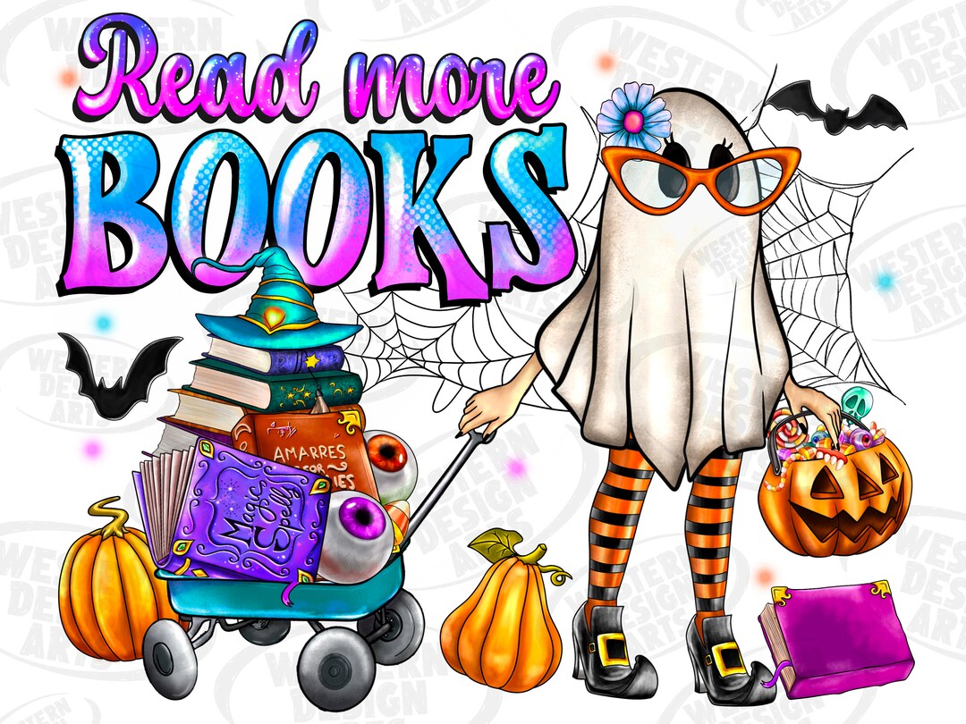 Read More Booooks Png, Halloween Teacher Png, Ghost Reading Books Png ...