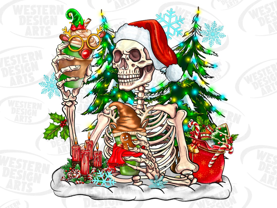 Santa Skeleton With Coffee Cup Sublimation Png Design, Skeleton Coffee ...