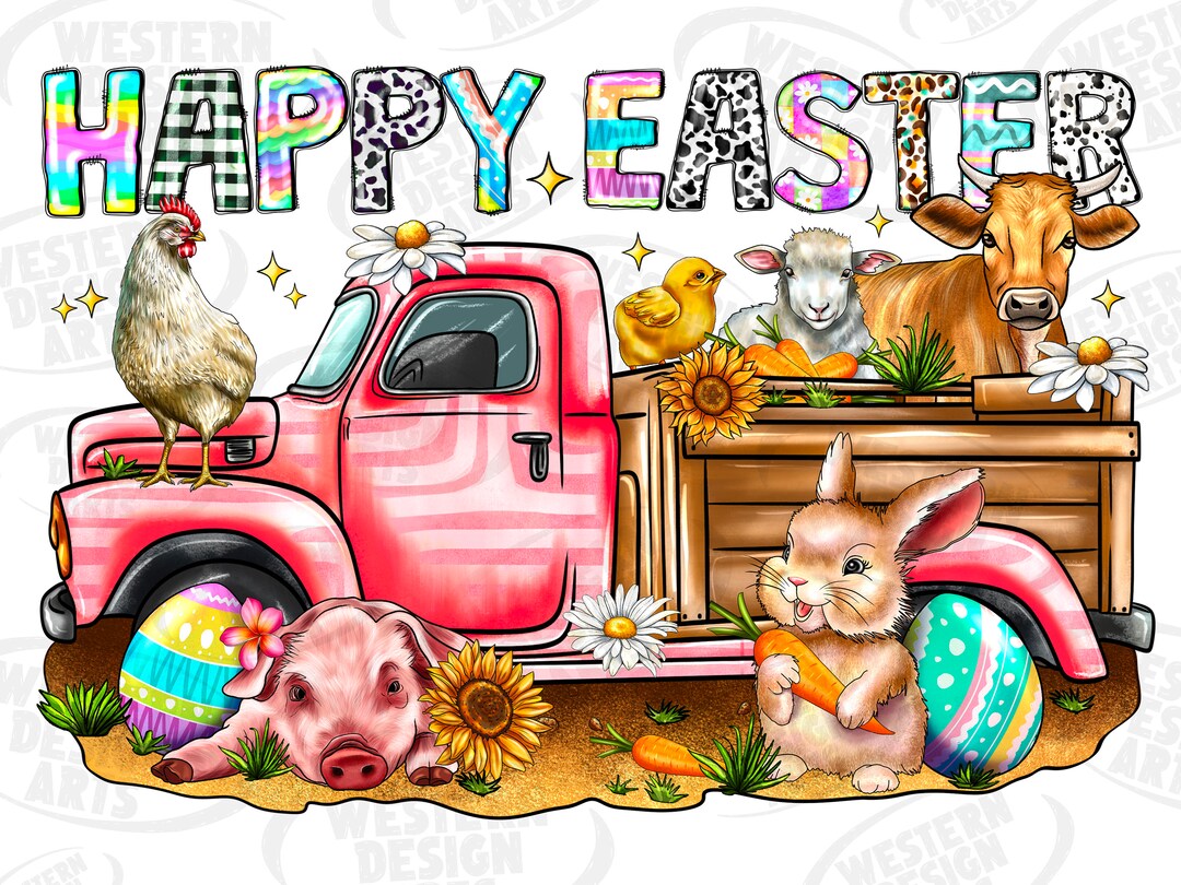 Happy Easter Truck With Animals Farm Png Sublimation Design Download ...