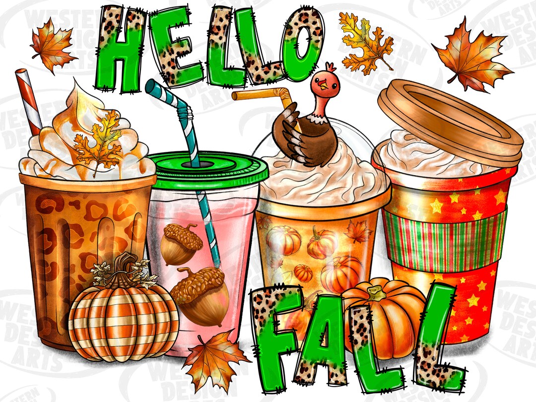 Hello Fall Coffee Png, Pumpkin Spice Latte Coffee Cups Png Sublimation ...