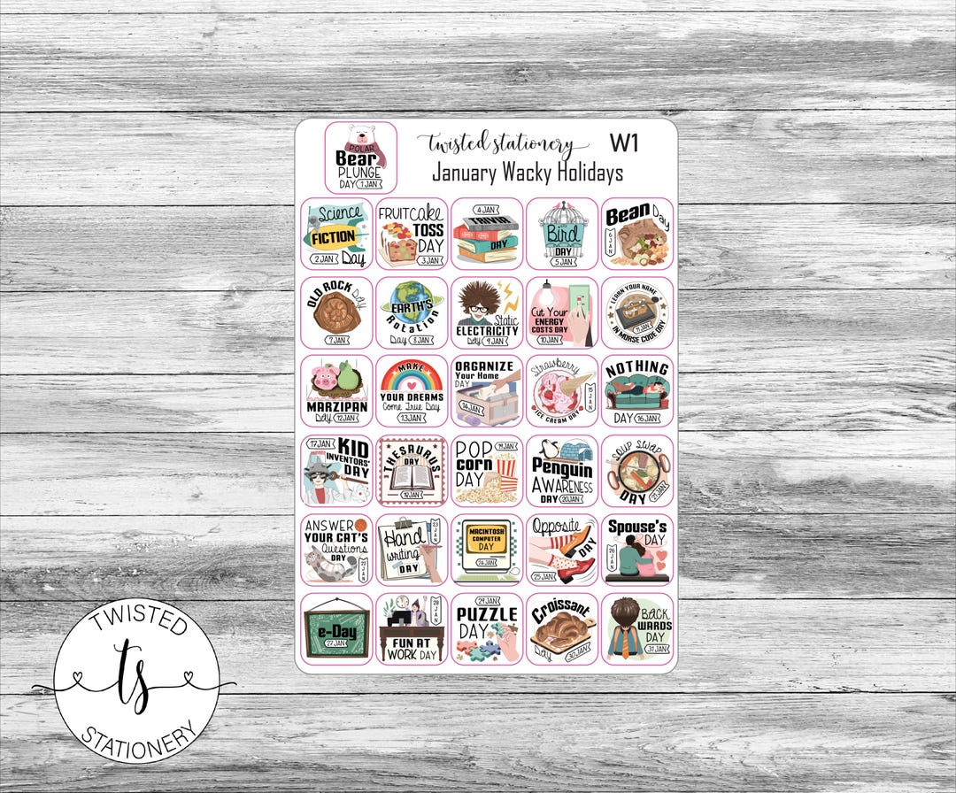 January Wacky Holiday Stickers, Monthly Deco, Planner Stickers ...