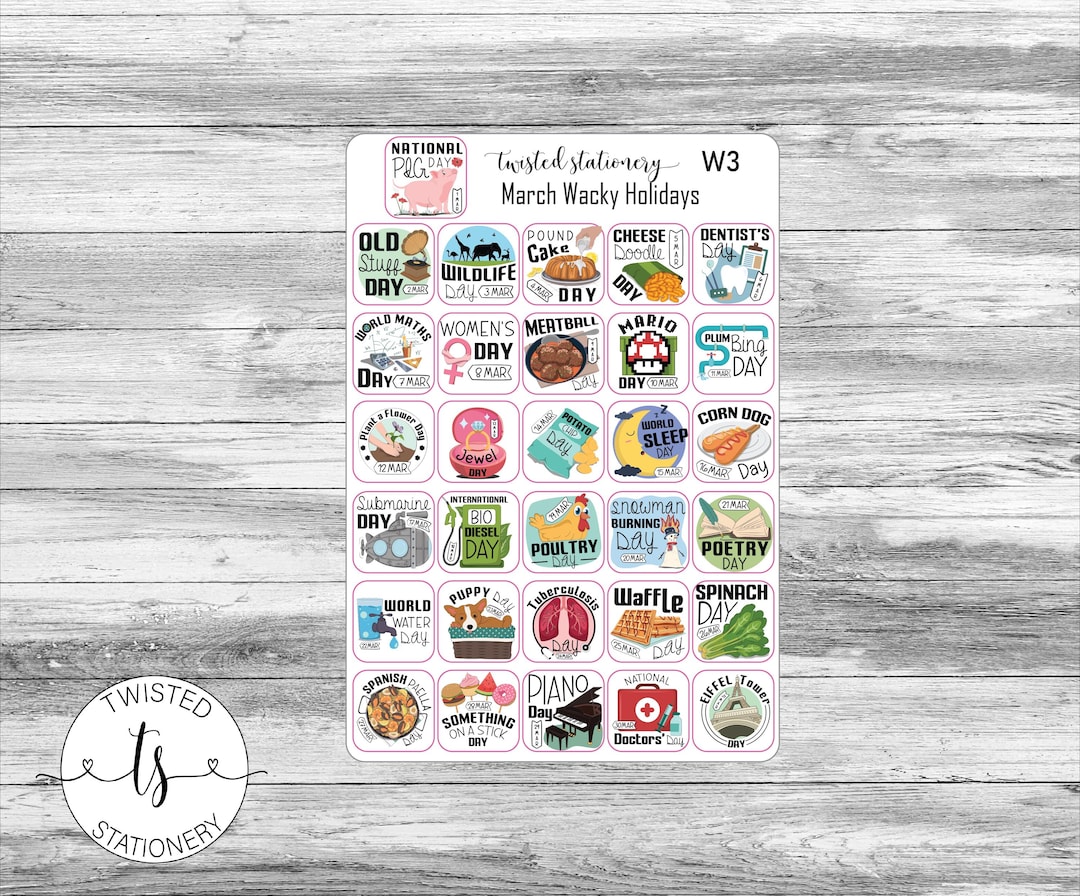 March Wacky Holiday Stickers, Monthly Deco, Planner Stickers ...