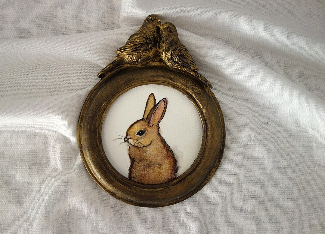Vintage Framed Rabbit Portrait, Small Original Watercolor Rabbit ...