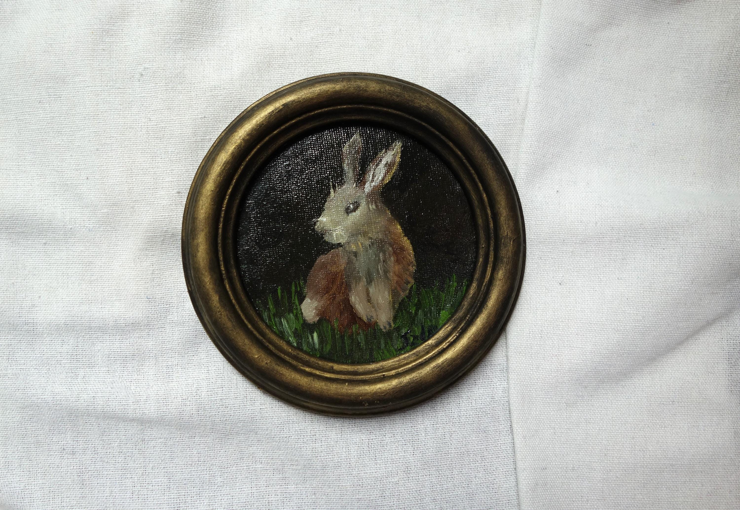 Small Oil Painting, Rabbit Portrait in Vintage Style Round Gilded Frame ...