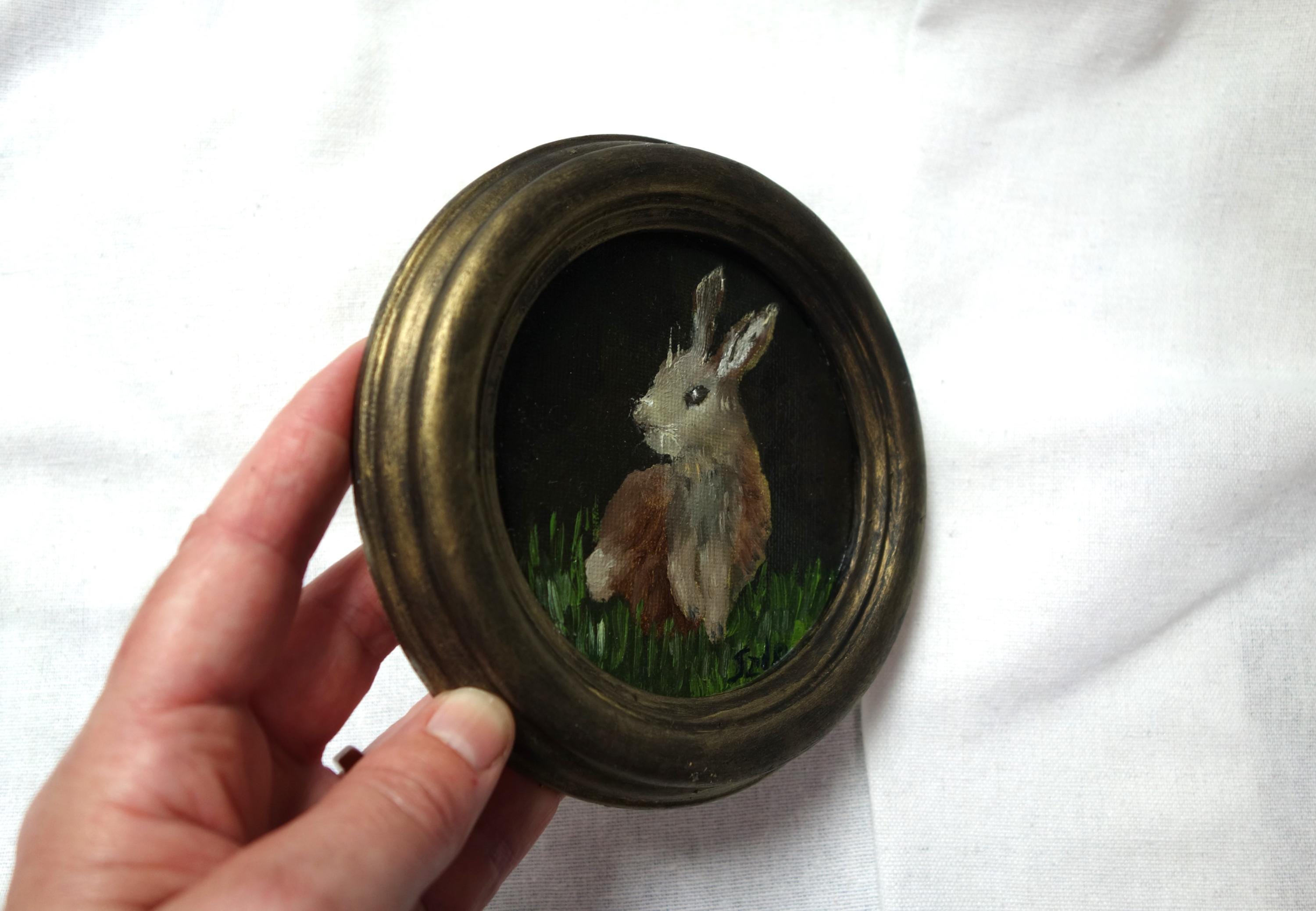Small Oil Painting, Rabbit Portrait in Vintage Style Round Gilded Frame ...