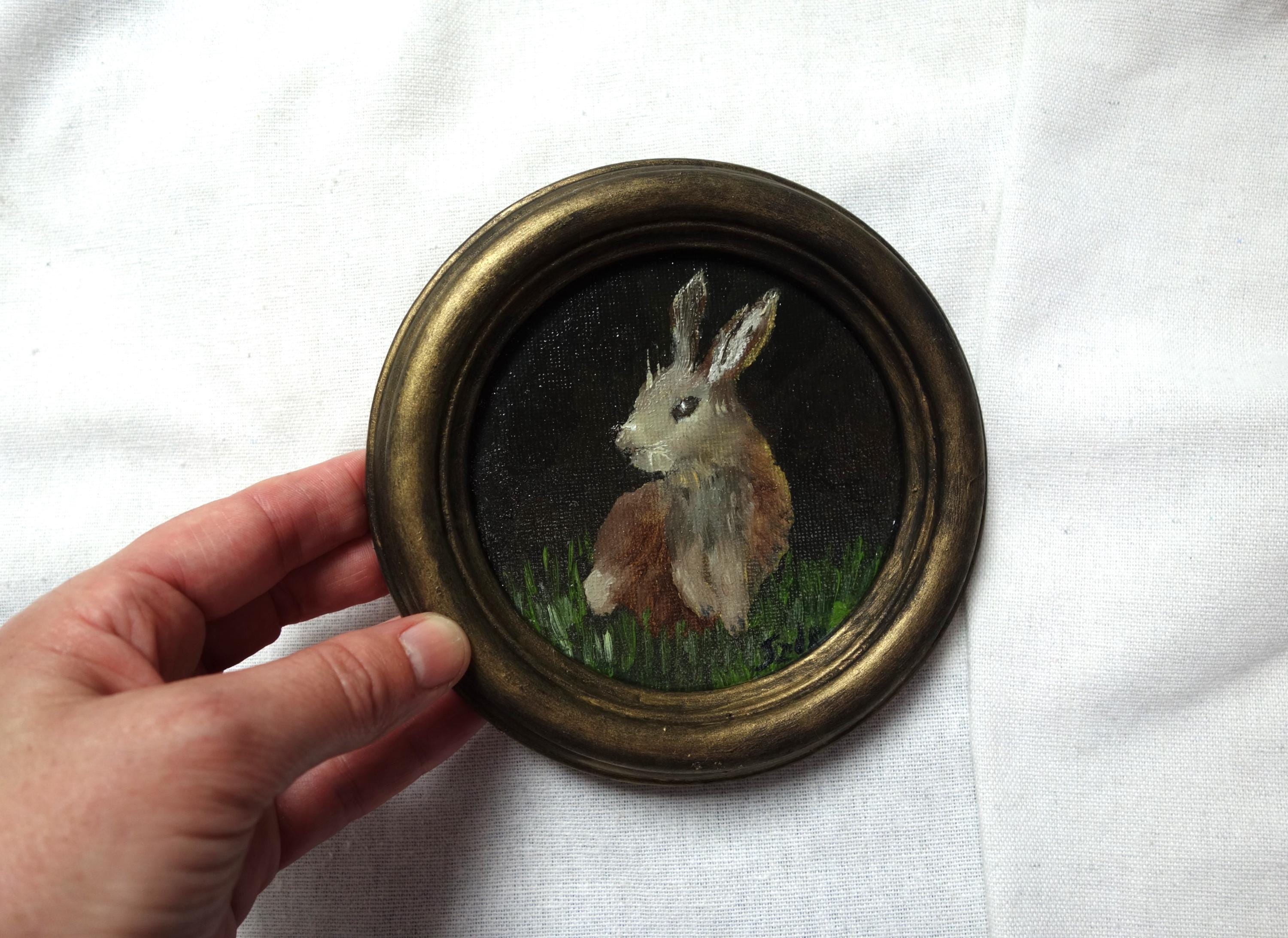 Small Oil Painting, Rabbit Portrait in Vintage Style Round Gilded Frame ...