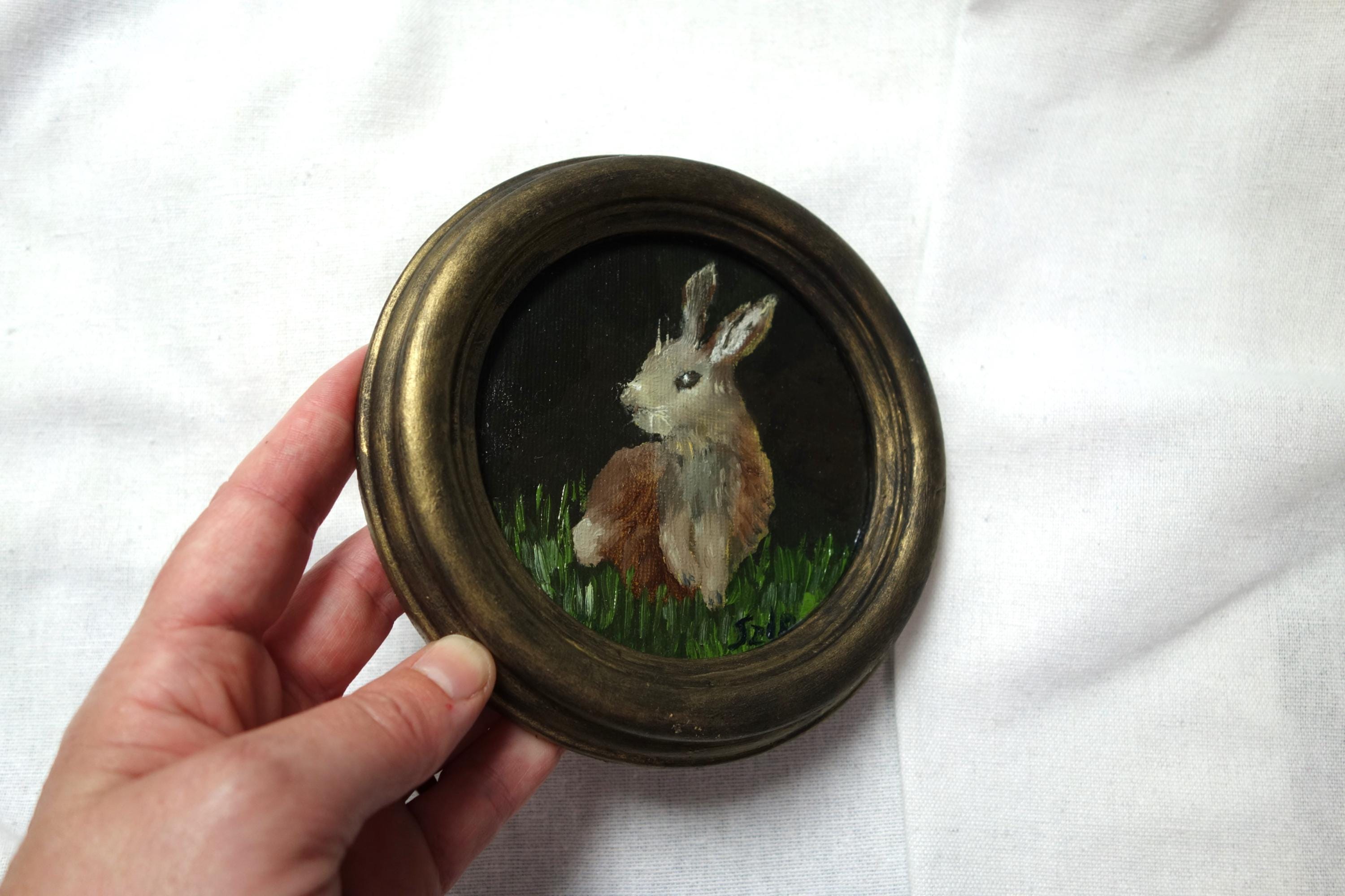 Small Oil Painting, Rabbit Portrait in Vintage Style Round Gilded Frame ...