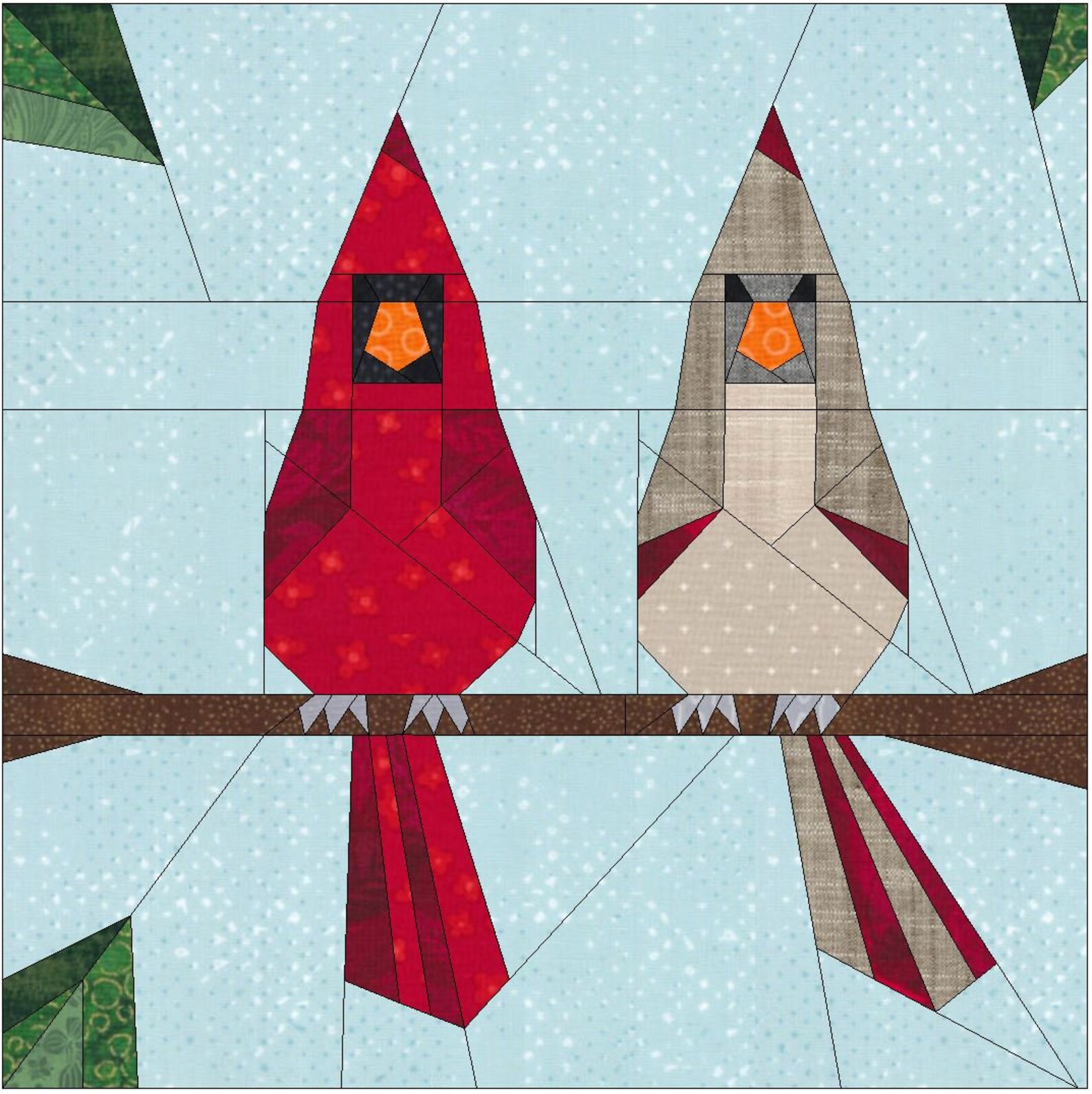 Northern Cardinal Pair FPP Pattern | Foundation Paper Piecing Patterns ...