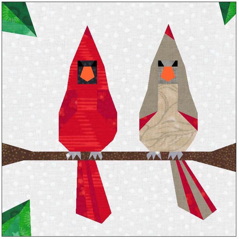 Northern Cardinal Pair Bird FPP Pattern | 2 Sizes | Paper Pieced Quilt ...