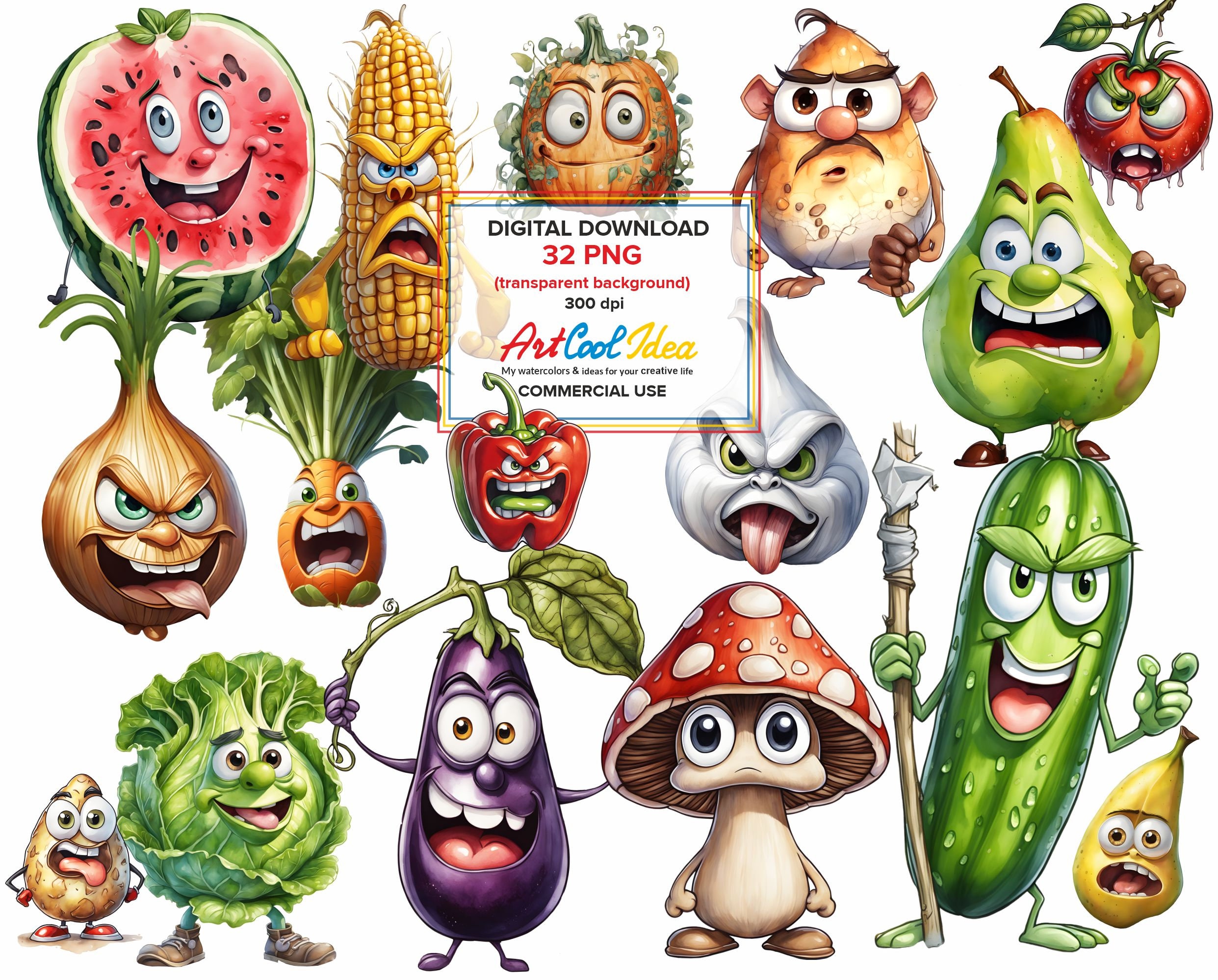 Cartoon Veggies, Clipart Cute Angry Vegetable Transparent Images Bundle ...