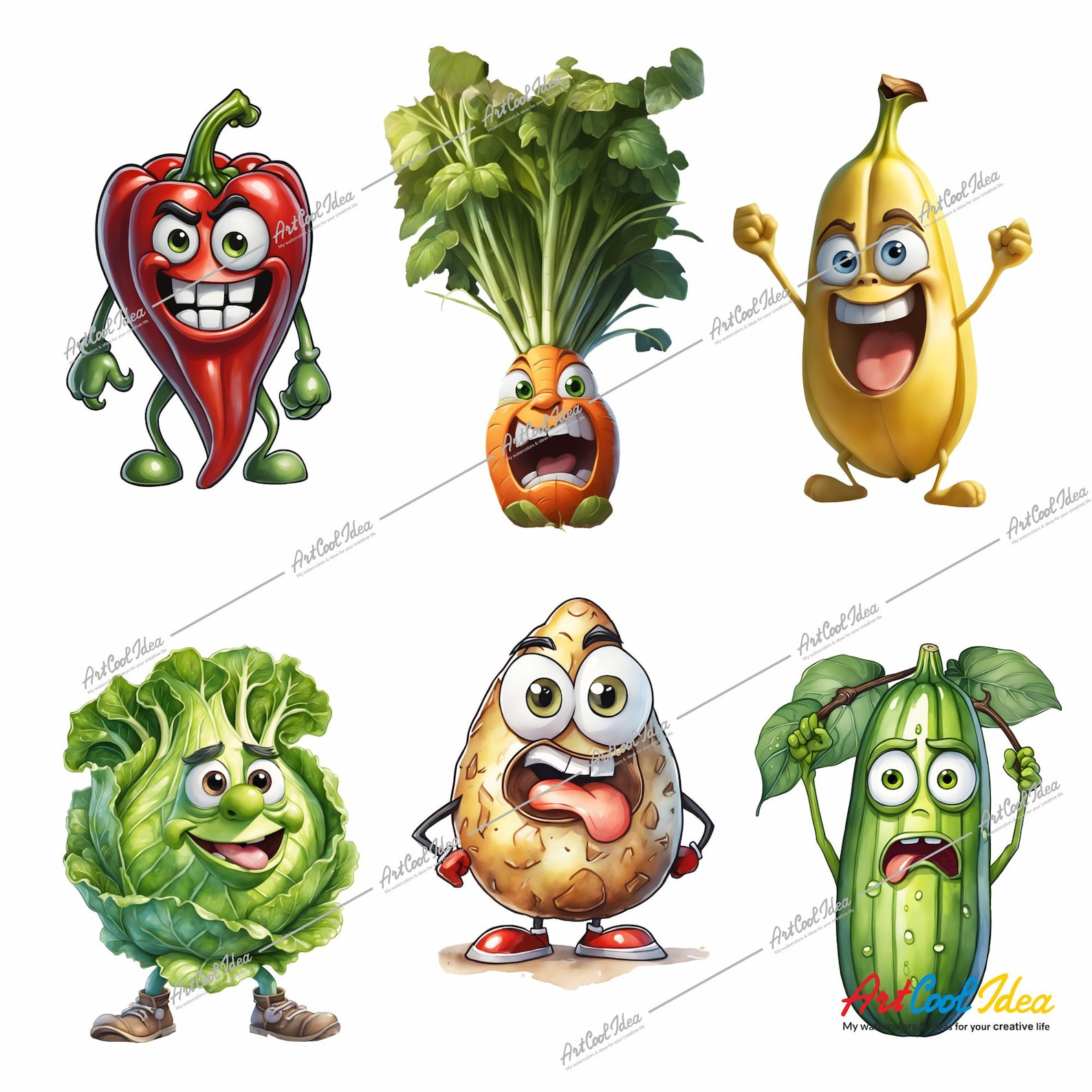 Cartoon Veggies, Clipart Cute Angry Vegetable Transparent Images Bundle ...