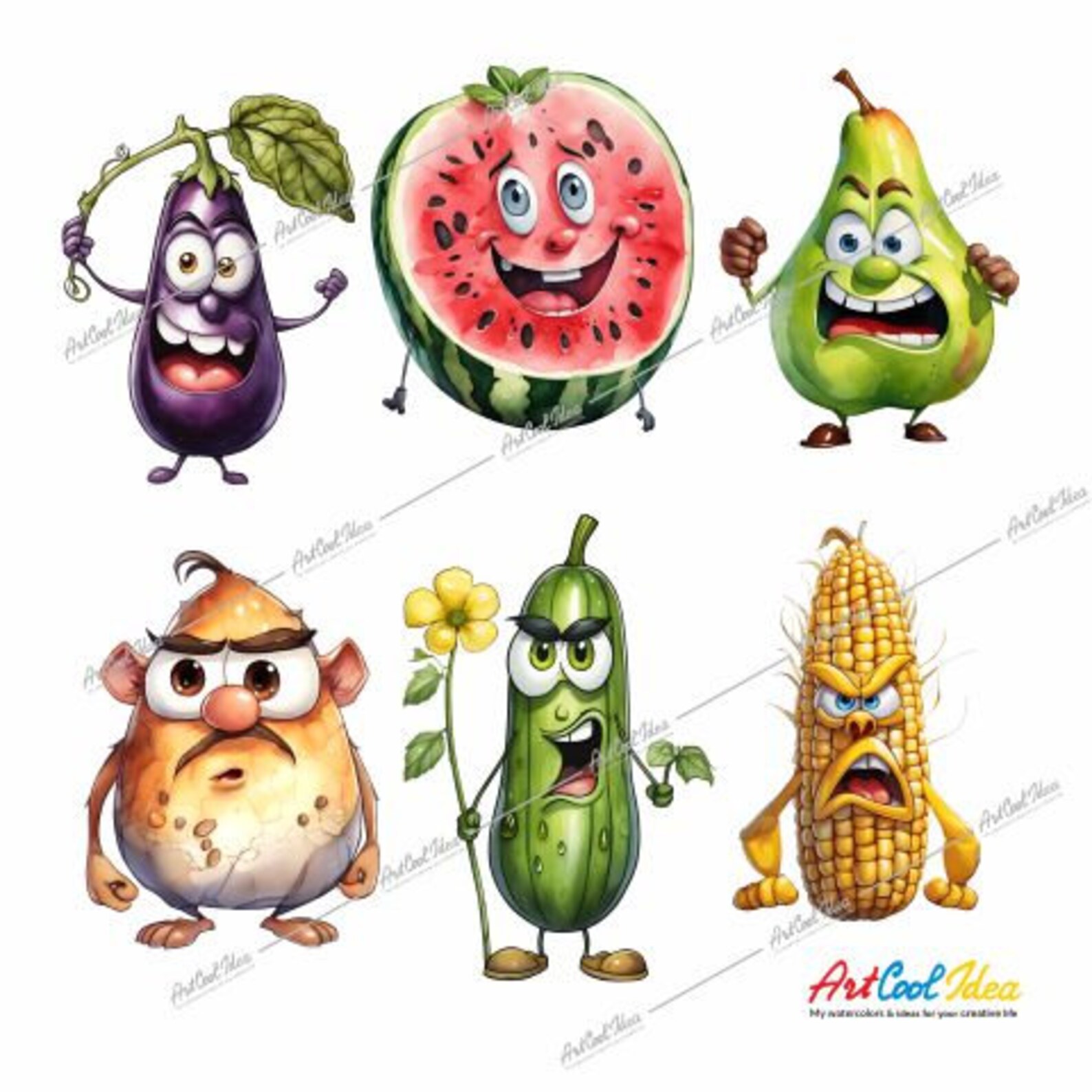Cartoon Veggies, Clipart Cute Angry Vegetable Transparent Images Bundle ...