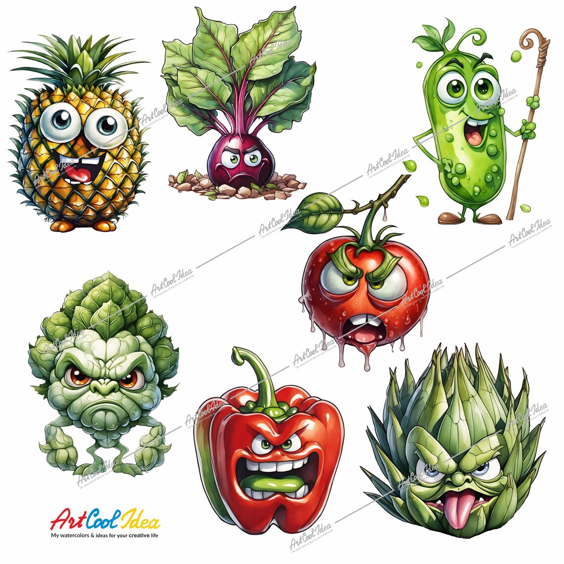 Cartoon Veggies, Clipart Cute Angry Vegetable Transparent Images Bundle ...