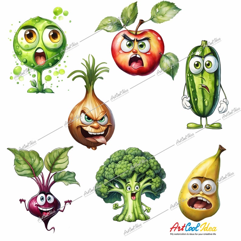 Cartoon Veggies, Clipart Cute Angry Vegetable Transparent Images Bundle ...