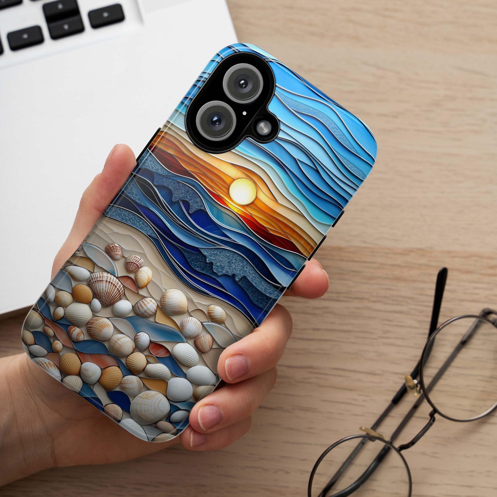 Stained Glass Art Summer Beach Sunset Phone Case, 3D Seashell Ocean ...