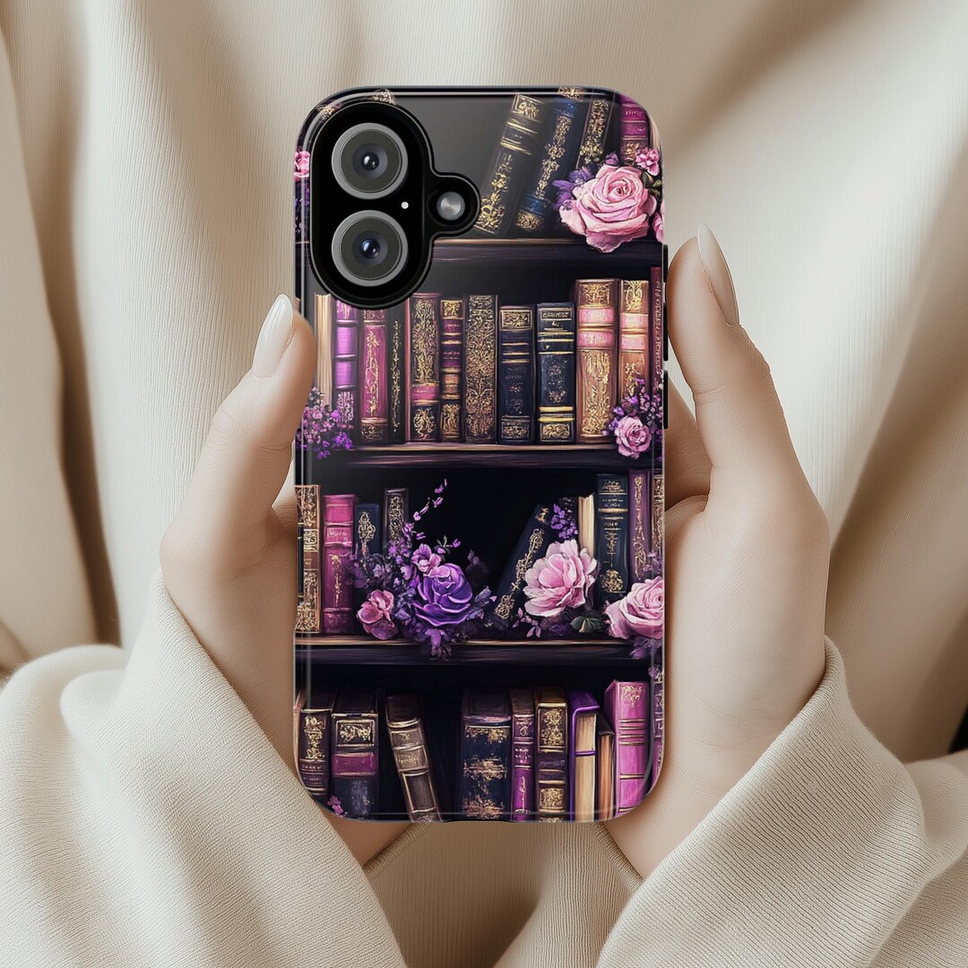 Gothic Dark Academia Floral Bookcase Phone Case, Vintage Book Lover ...