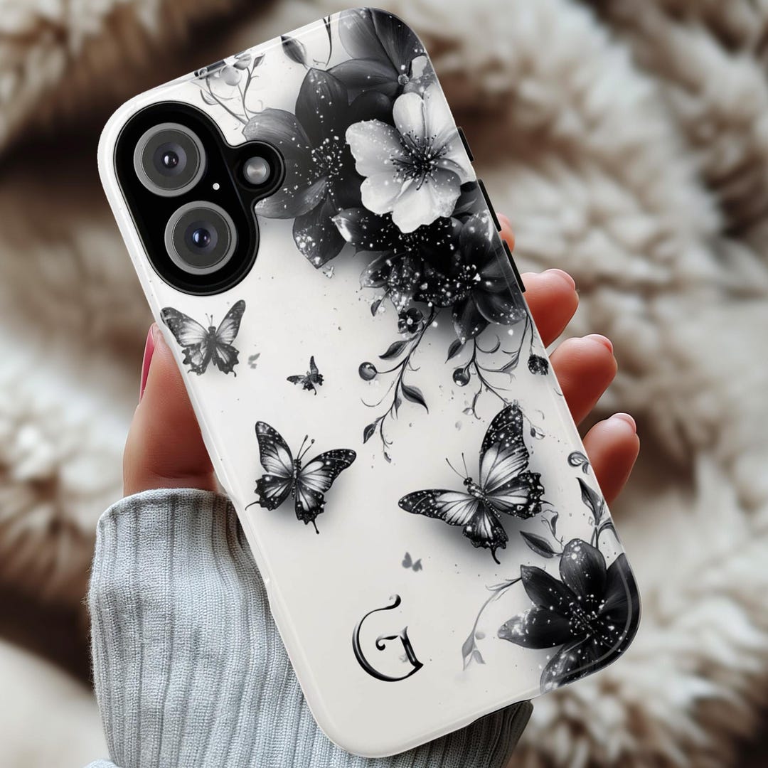 Black Floral Butterfly & Custom Monogram Phone Case, Personalized ...