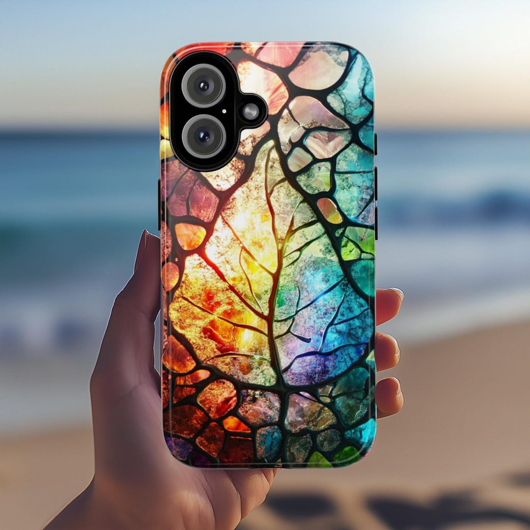 Stained Glass Rainbow Leaf Phone Case, Artistic Colorful Leaf Cover for ...