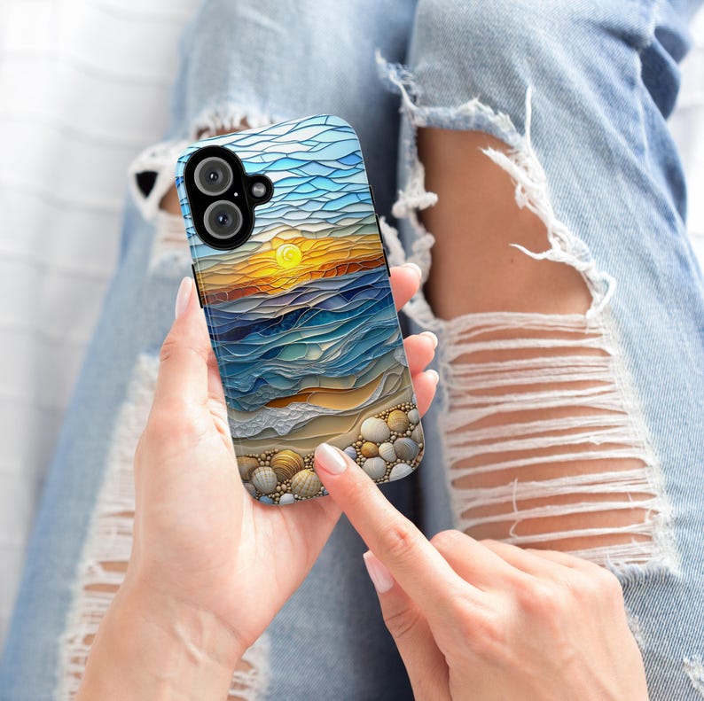 Stained Glass Summer Beach Sunset Phone Case, 3D Seashell Ocean Magsafe ...