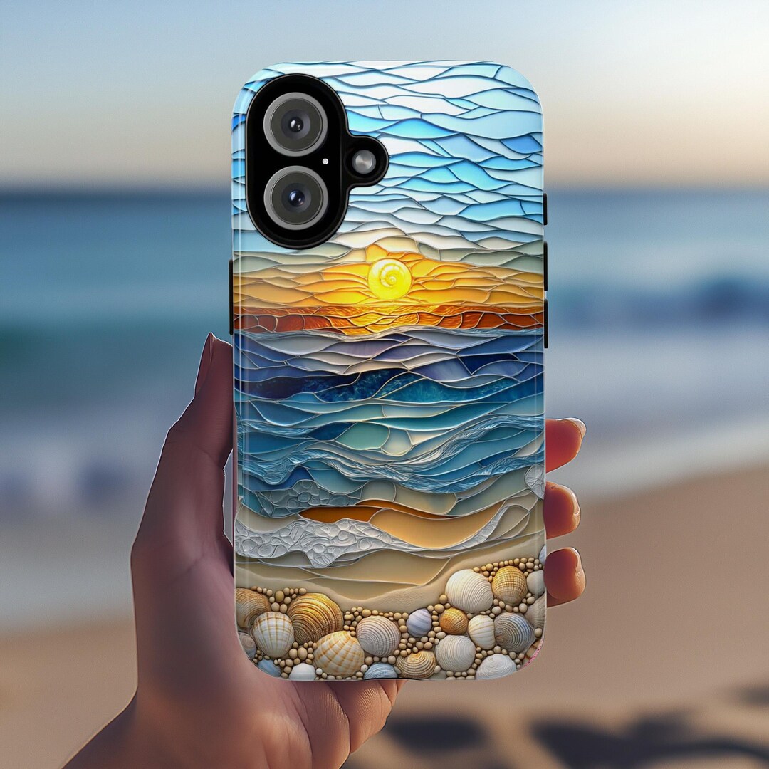 Stained Glass Summer Beach Sunset Phone Case, 3D Seashell Ocean Magsafe ...