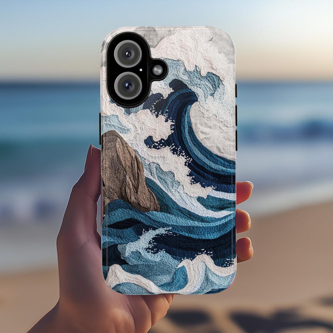 Ocean Waves Embroidery 3D Phone Case, Cozy Marine Life Design, Fine Art ...
