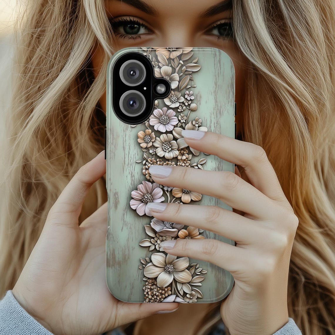 3D Rustic Beige Floral Phone Case, Pastel Artistic Wood Carved Look ...
