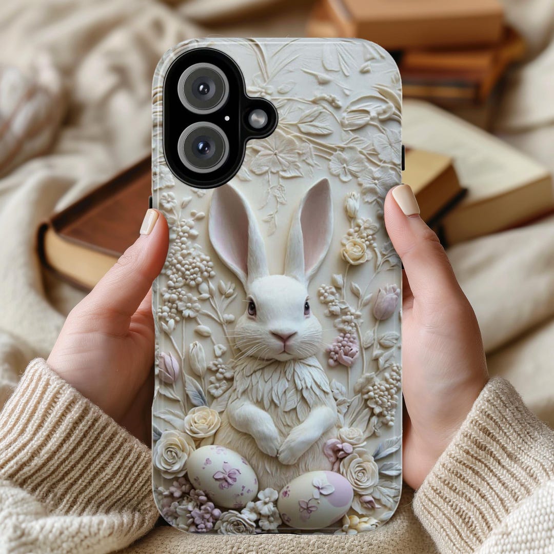 3D Easter White Bunny & Egges Phone Case, Spring Design, Cute Pastel ...