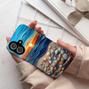 Stained Glass Art Summer Beach Sunset Phone Case, 3D Seashell Ocean ...