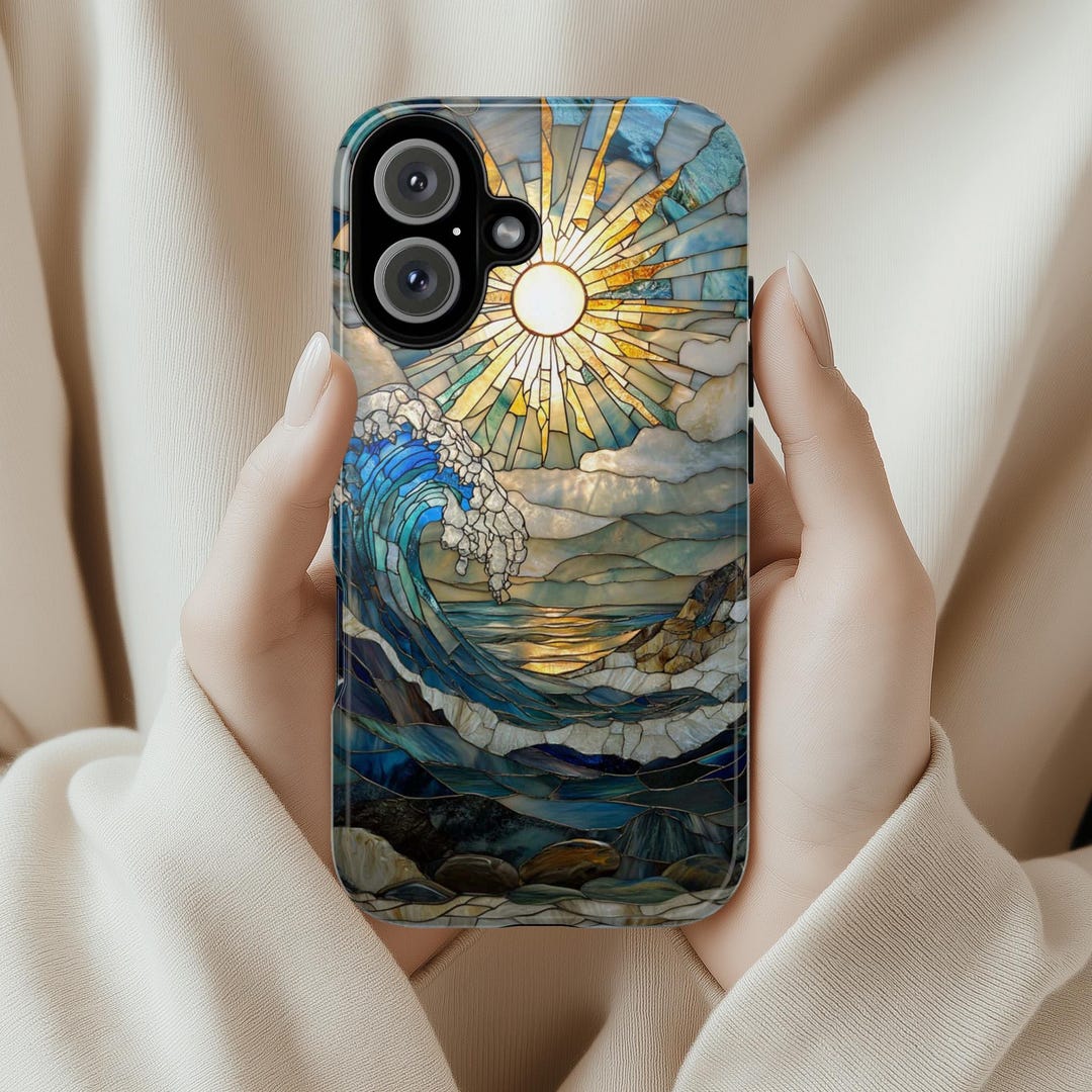 Stained Glass Sunset Ocean Phone Case, Sea-wave Inspired Cover, Beach ...