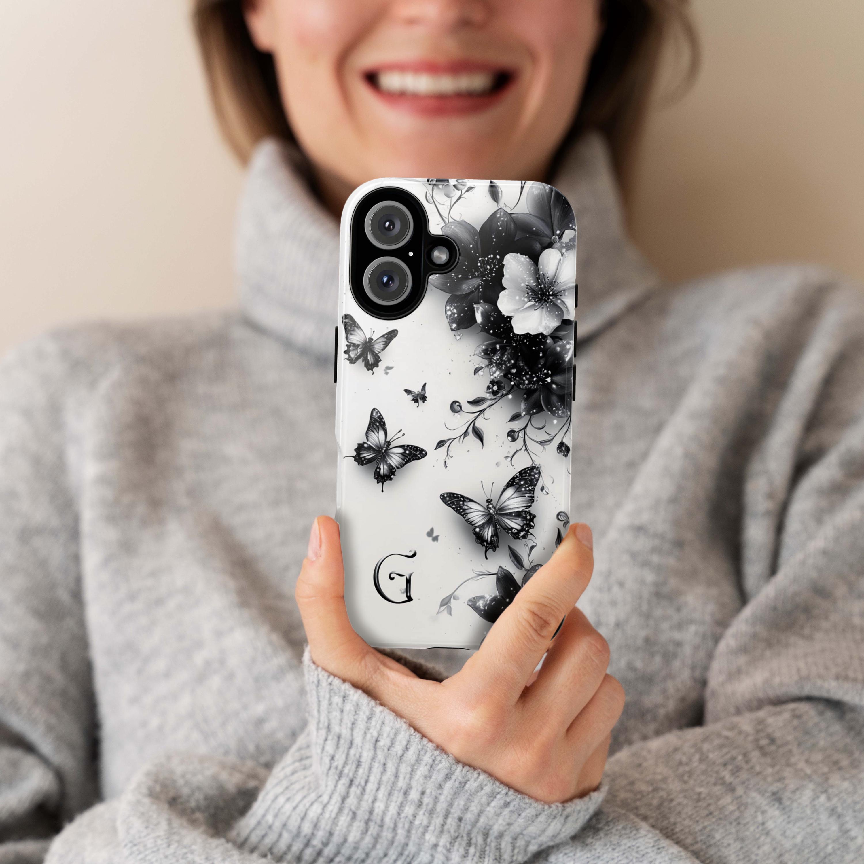 Black Floral Butterfly & Custom Monogram Phone Case, Personalized ...