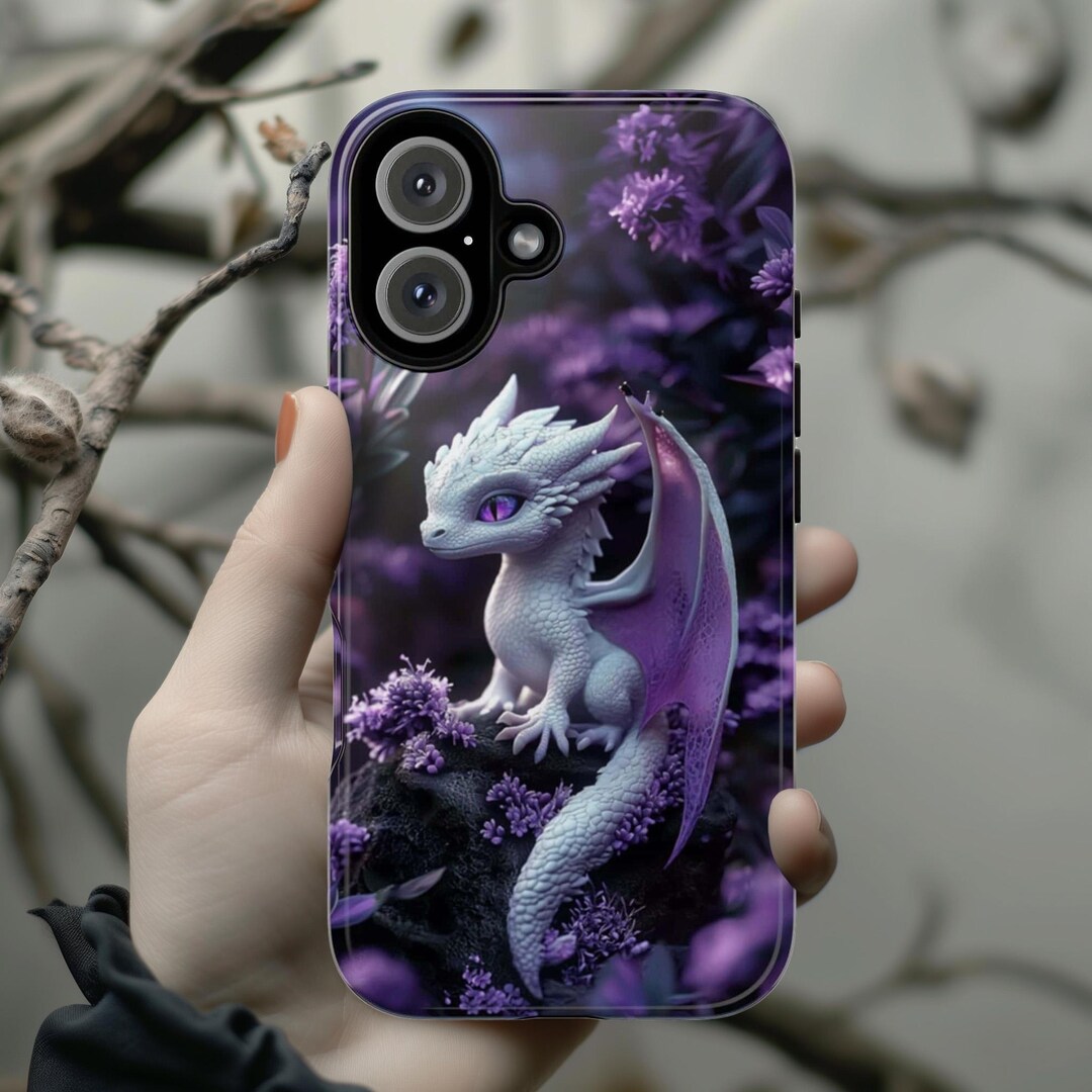 Cute 3D Effect Baby Dragon Purple Floral Phone Case | White Baby Dragon ...