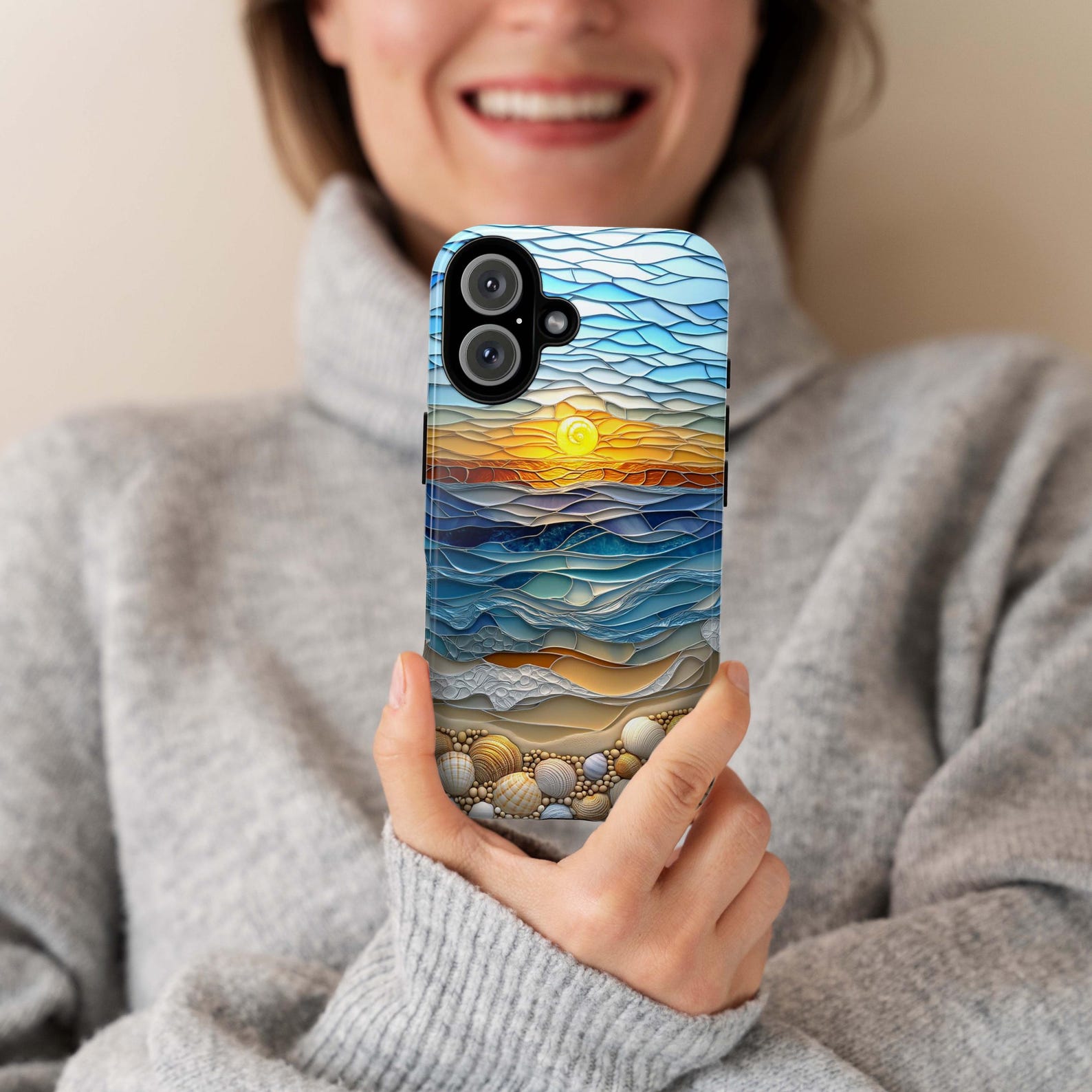 Stained Glass Summer Beach Sunset Phone Case, 3D Seashell Ocean Magsafe ...