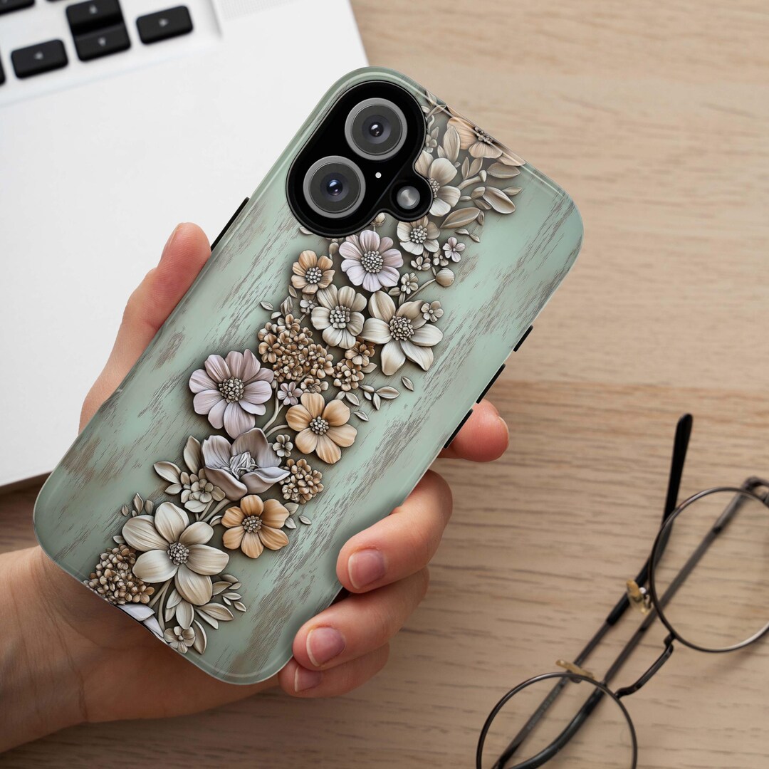 3D Rustic Beige Floral Phone Case, Pastel Artistic Wood Carved Look ...