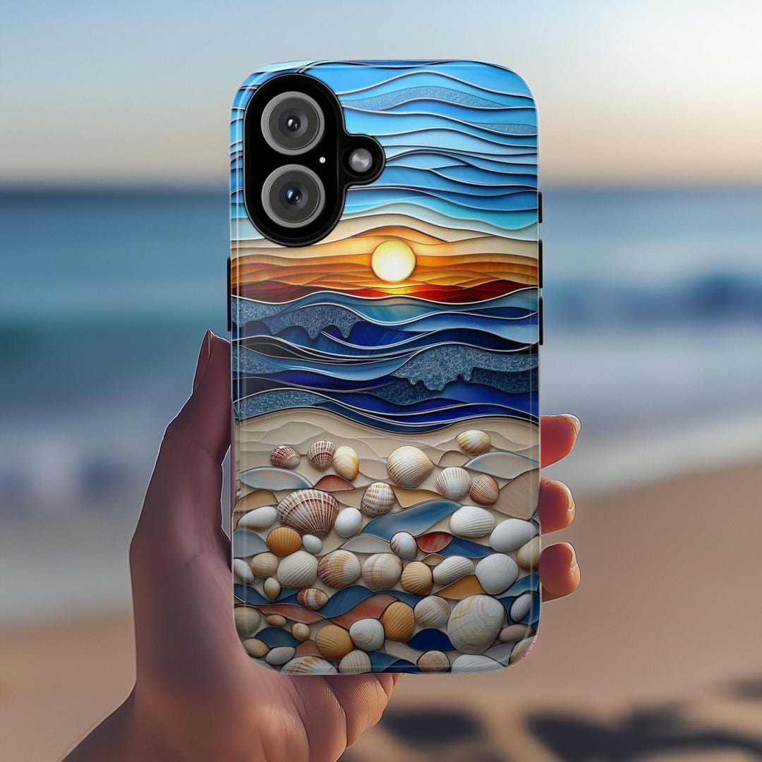 Stained Glass Art Summer Beach Sunset Phone Case, 3D Seashell Ocean ...