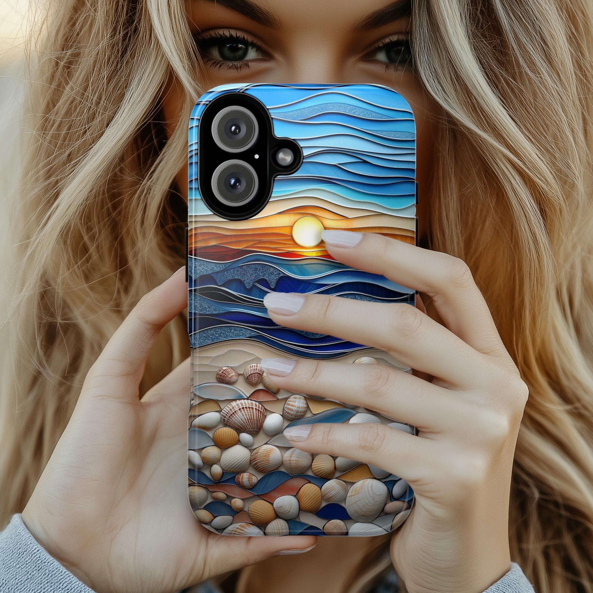 Stained Glass Art Summer Beach Sunset Phone Case, 3D Seashell Ocean ...