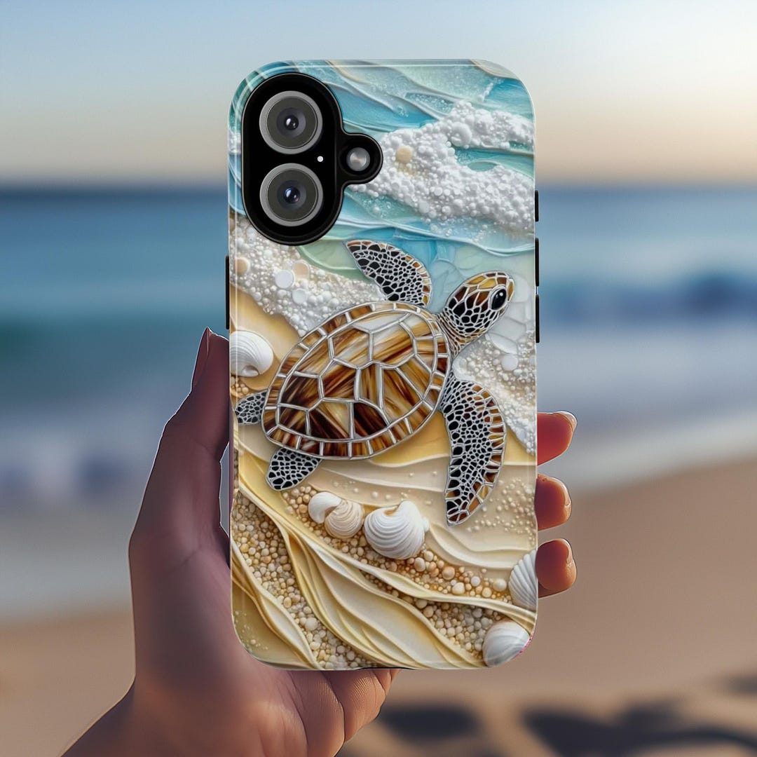 3D Ocean Turtle Beach Phone Case, Sea Waves and Shells Design for ...