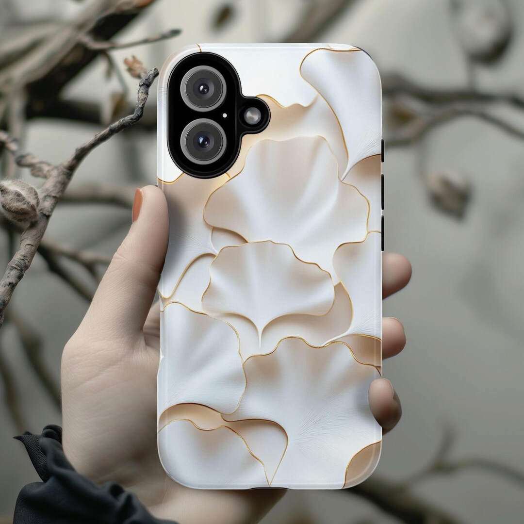 White Ginkgo Leaf Phone Case, 3D Style Gold Edged Design, Botanical Art ...