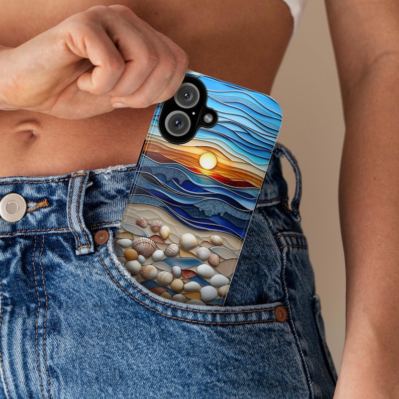 Stained Glass Art Summer Beach Sunset Phone Case, 3D Seashell Ocean ...