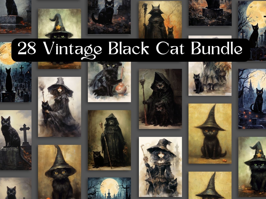28 Vintage Black Cat Wall Painting Bundle, Halloween Art, Digital ...
