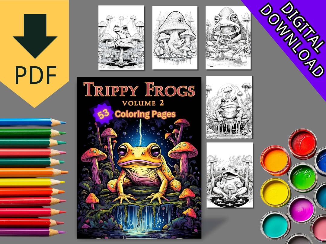 53 Trippy Frogs V2 Printable Coloring Book Pages Instant Download Fun ...