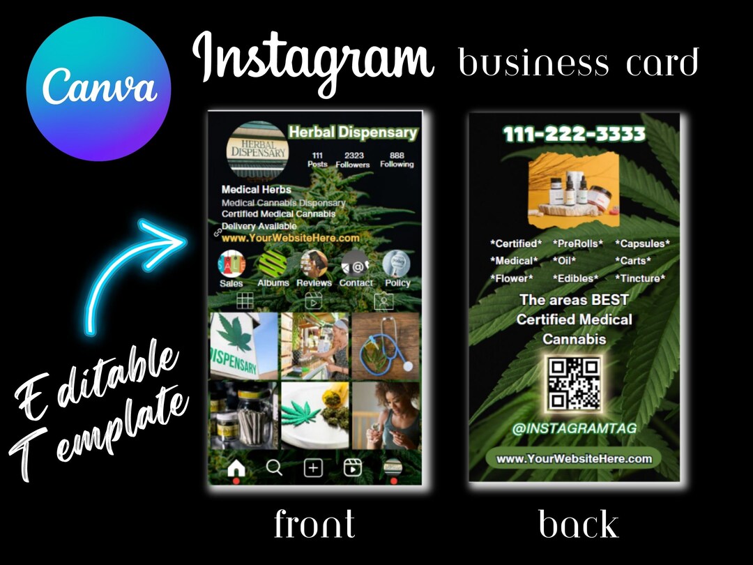 Cannabis Business Card Template DIY Custom Instagram Influencer ...