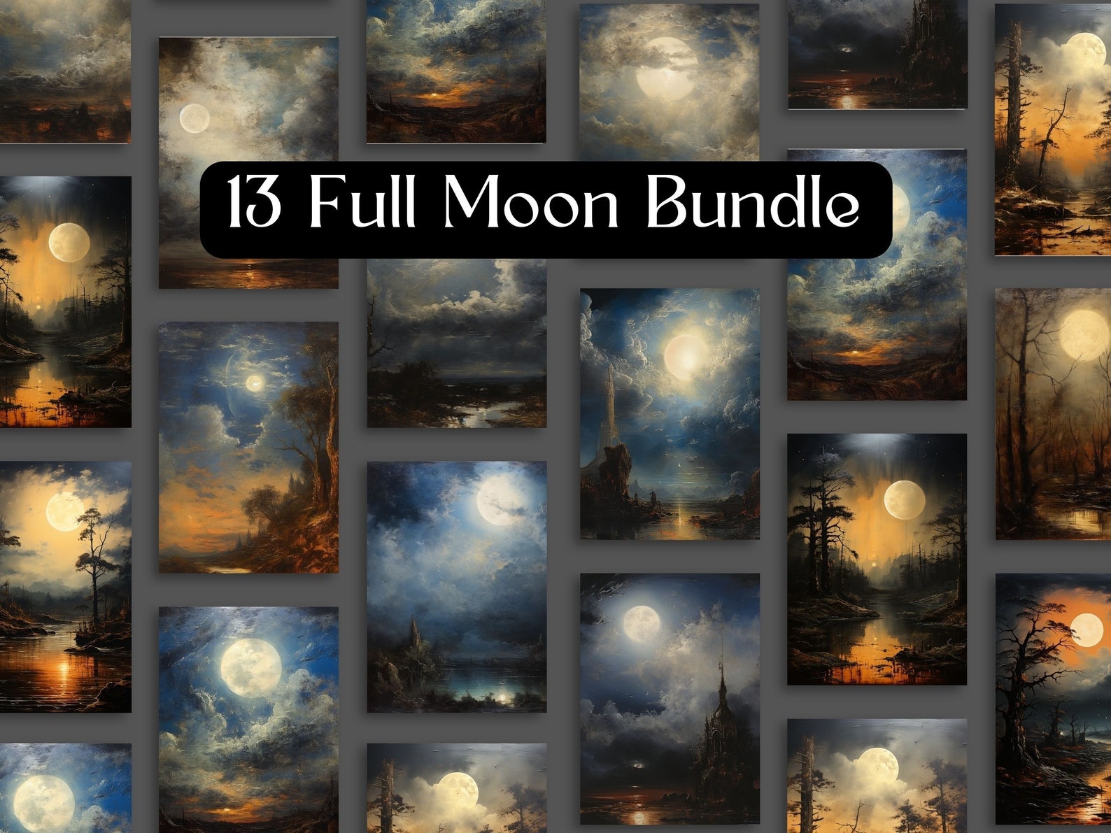 13 Vintage Full Moon Oil Painting Wall Art Bundle, Vintage Home Decor ...